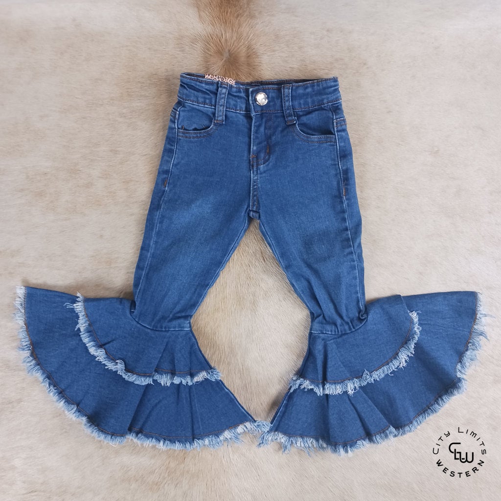 Double Ruffle Super Flared Jeans - Medium Wash | City Limits Western